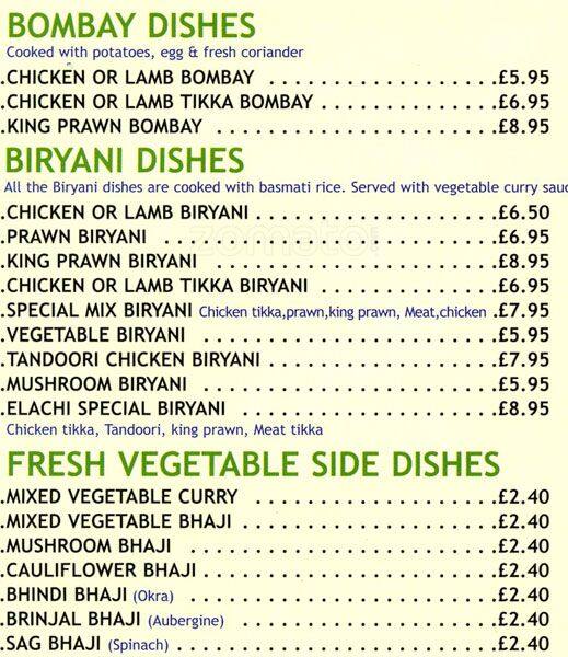 Menu at Elachi Indian Cuisine restaurant, London, 434 High Rd. Leyton
