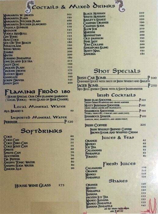 Menu at Hobbit House pub & bar, Manila, -1036 Roxas Boulevard