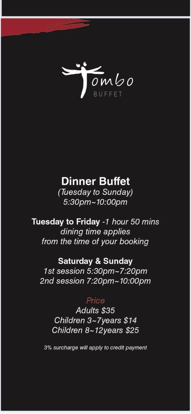 Menu at Tombo Buffet restaurant, Auckland