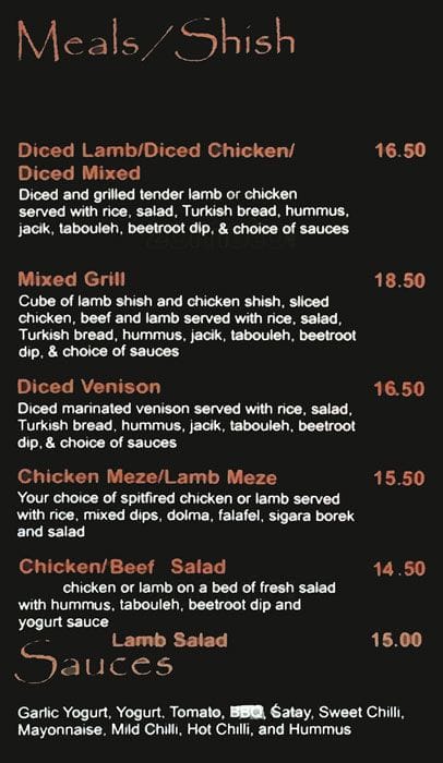 Menu at Zara's Turkish cafe, Upper Hutt