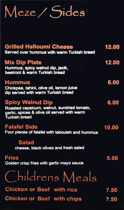 Menu at Zara's Turkish cafe, Upper Hutt