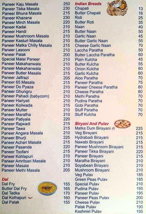 Menu of Hotel Samrat, Shivaji Nagar, Pune