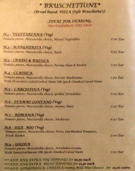 Menu at Taste of Emilia pub & bar, Dublin, 1 Lower Liffey Street