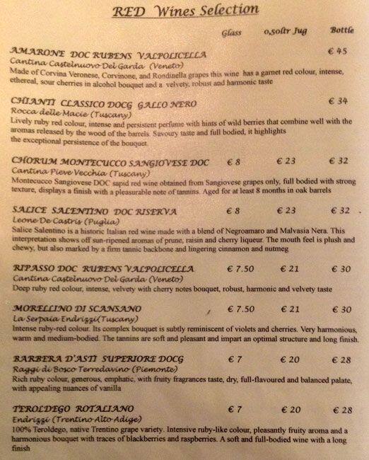Menu at Taste of Emilia pub & bar, Dublin, 1 Lower Liffey Street