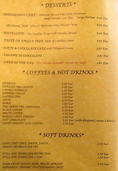 Menu at Taste of Emilia pub & bar, Dublin, 1 Lower Liffey Street