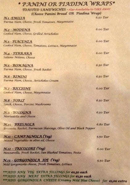 Menu at Taste of Emilia pub & bar, Dublin, 1 Lower Liffey Street