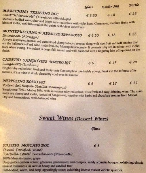Menu at Taste of Emilia pub & bar, Dublin, 1 Lower Liffey Street