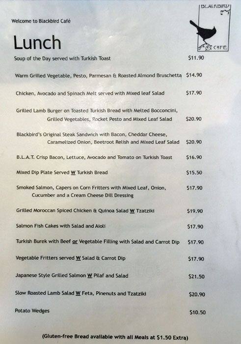 Menu at Blackbird Cafe, Mornington