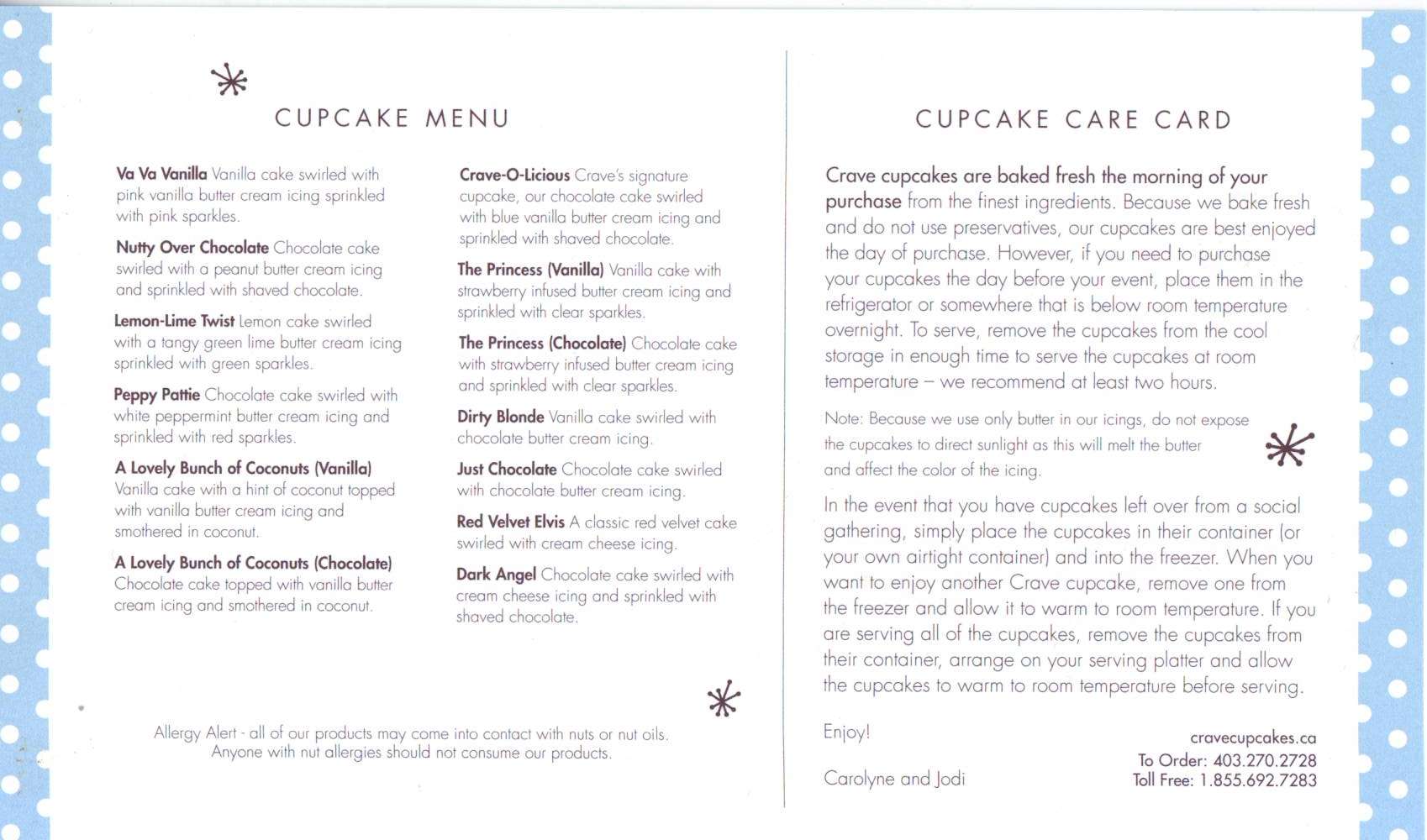Menu at Crave Cupcakes desserts, Calgary, Kensington Rd NW