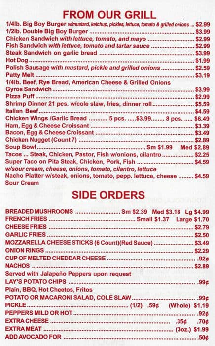 Menu at Submarine Piers restaurant, Chicago