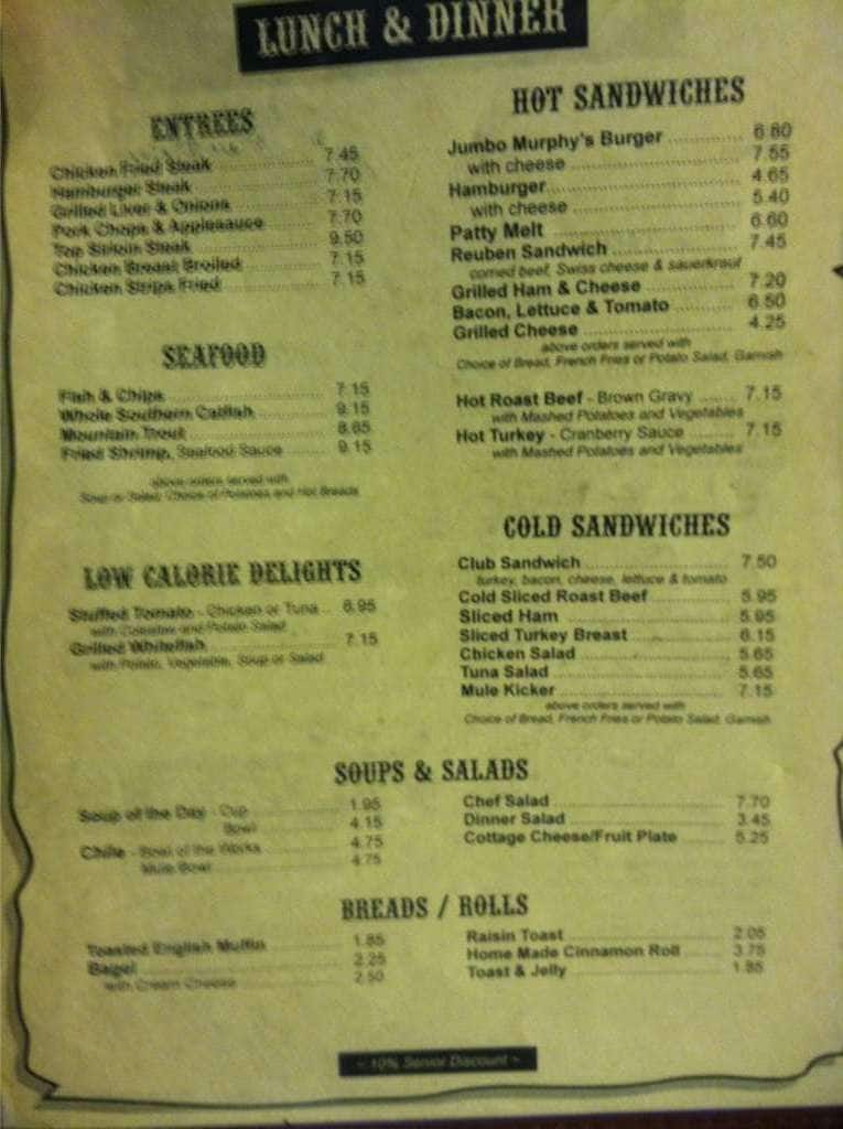 Menu at Murphy's Mule Barn, Albuquerque