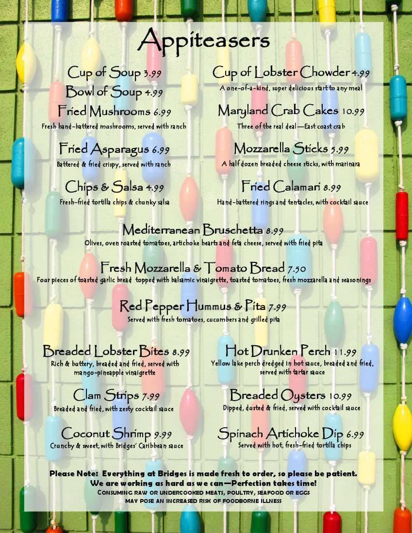 Menu at Bridges Waterside Grille restaurant, Michigan City