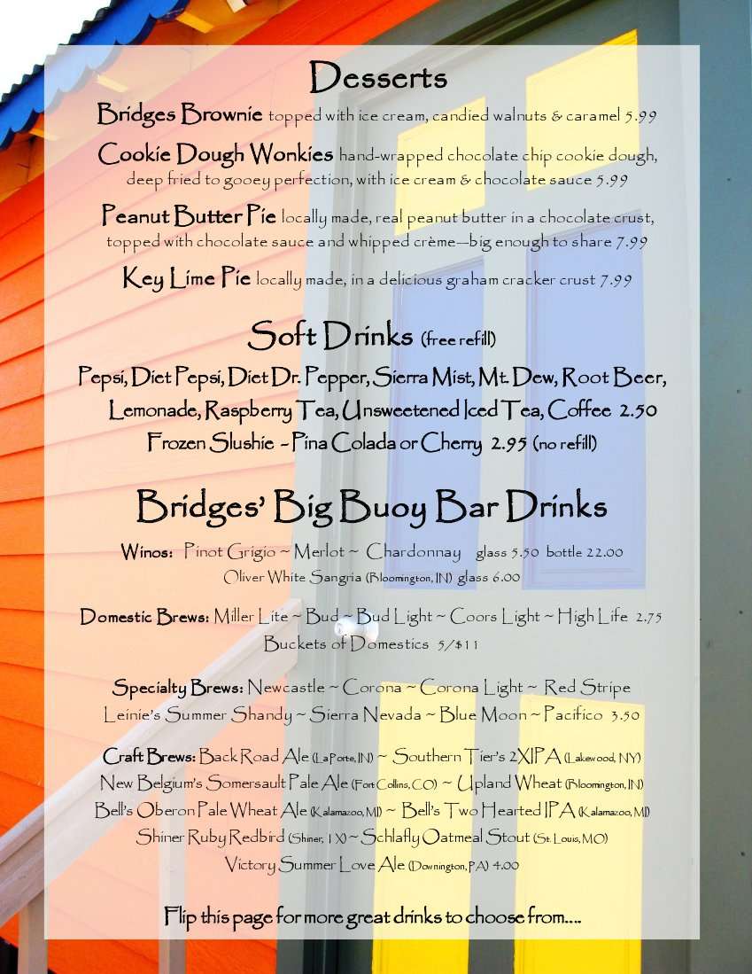 Menu at Bridges Waterside Grille restaurant, Michigan City