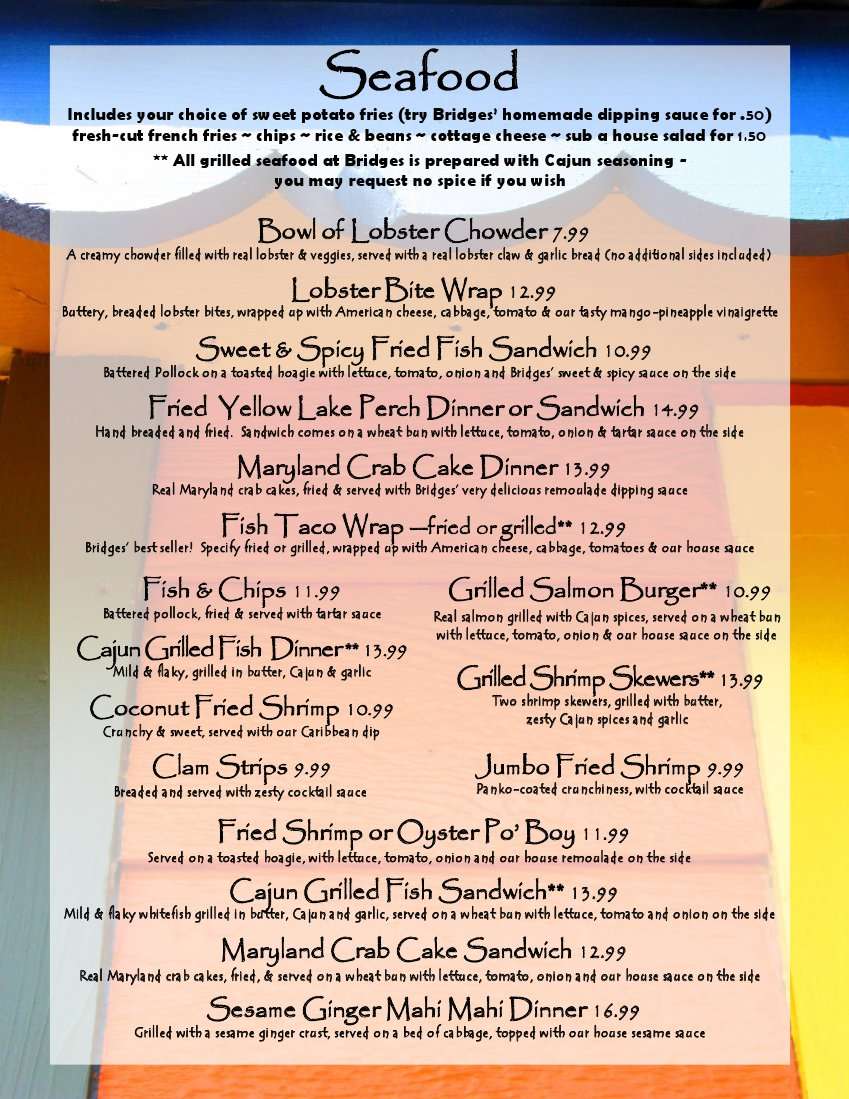 Menu at Bridges Waterside Grille restaurant, Michigan City