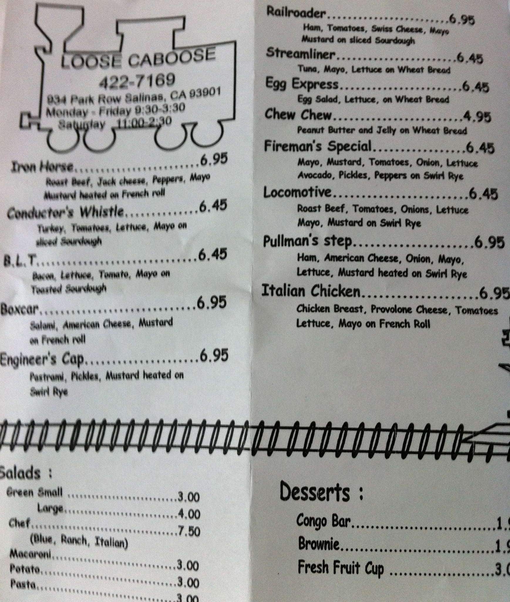 Menu at Loose Caboose restaurant, Salinas