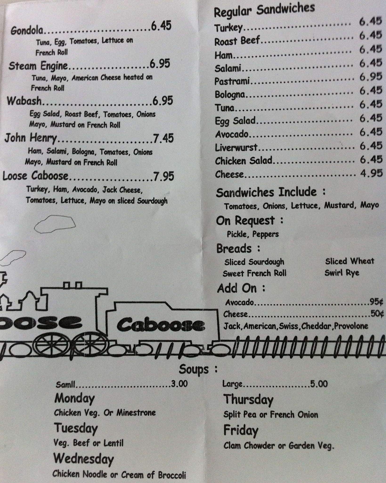 Menu at Loose Caboose restaurant, Salinas