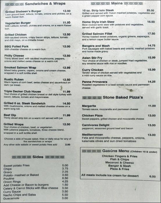 Menu at The Irish Shebeen pub & bar, Toronto