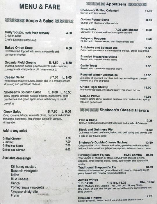 Menu at The Irish Shebeen pub & bar, Toronto