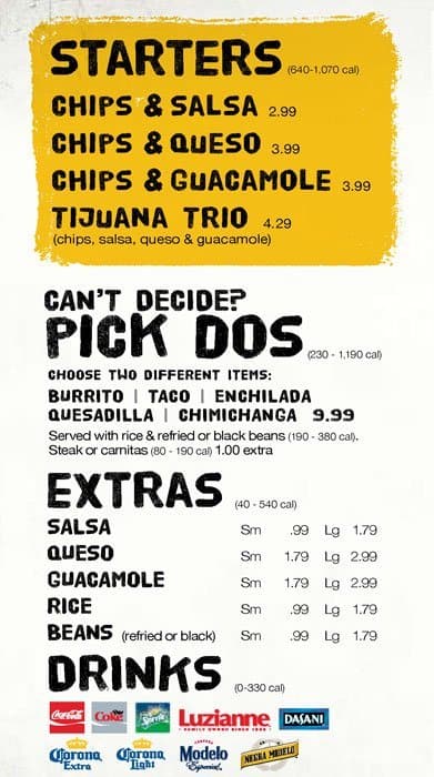 Menu at Tijuana Flats restaurant, West Melbourne