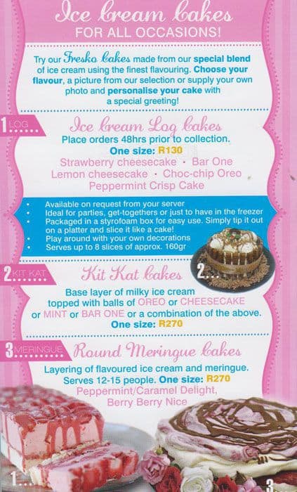 Menu at Fresko Gelato fast food, Bloemfontein, 105/7 Henry St