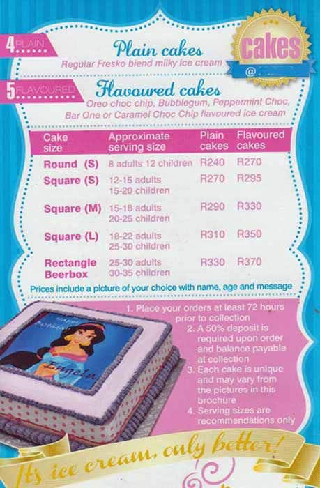 Menu at Fresko Gelato fast food, Bloemfontein, 105/7 Henry St
