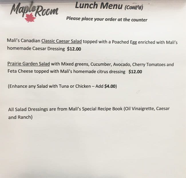 Menu at The Maple Room cafe, Neutral Bay