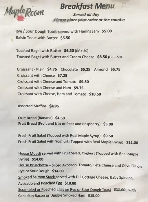 Menu at The Maple Room cafe, Neutral Bay