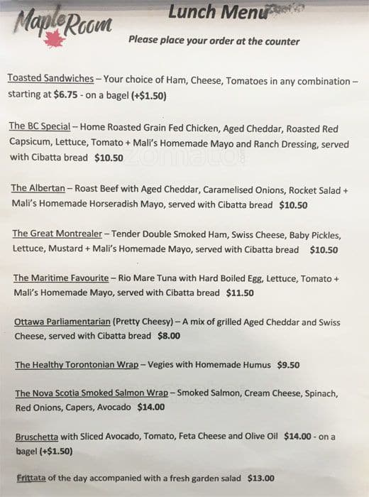 Menu at The Maple Room cafe, Neutral Bay