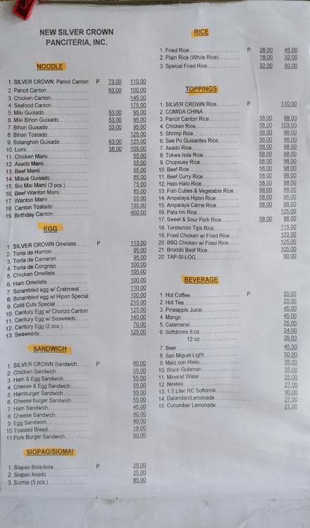 Menu at Silver Crown Restaurant, Caloocan