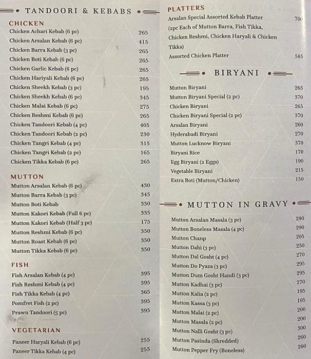 Menu of Arsalan, Ruby Hospital Area, Kolkata