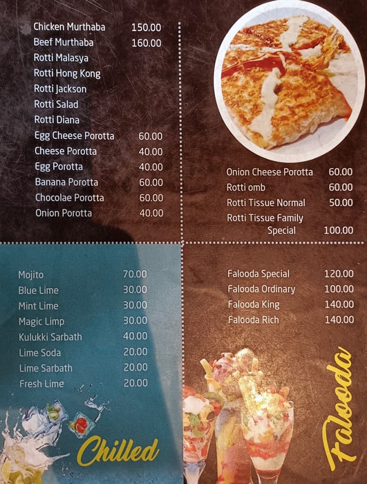 Menu of Malaysian Food Court, Edappally, Kochi