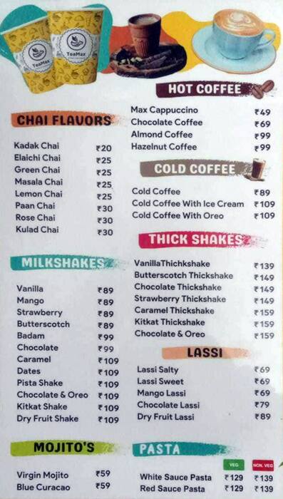 Menu of Tea Max Cafe, Model House, Jalandhar