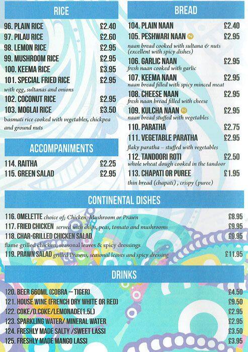 Menu at Indian Ocean restaurant, London, 214 Trinity Rd