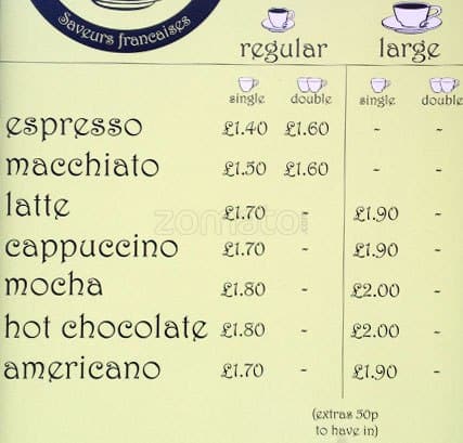 Menu at Quatre Seasons Cafè cafe, London