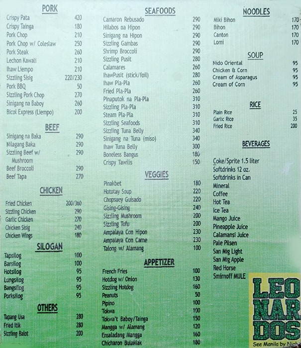 Menu at Leonardo's pub & bar, Antipolo
