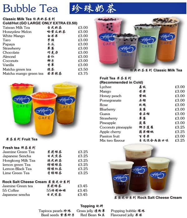 Menu at Cafe 55, Birmingham