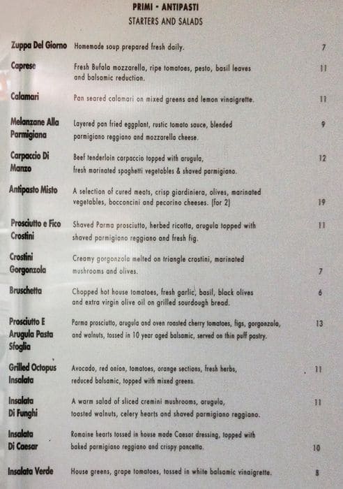 Menu at Bar Italia, Toronto