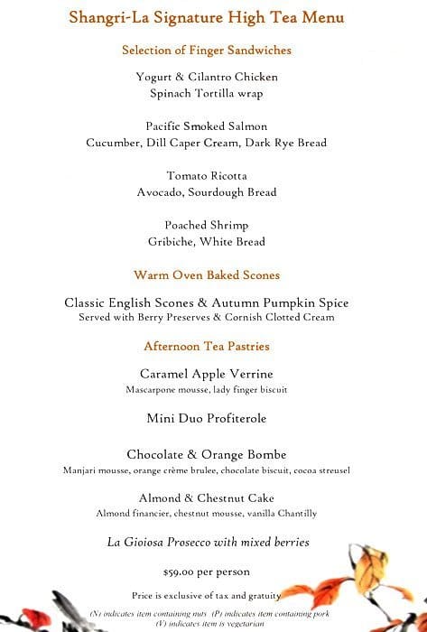 Menu at Shangri-La Toronto pub & bar, Toronto