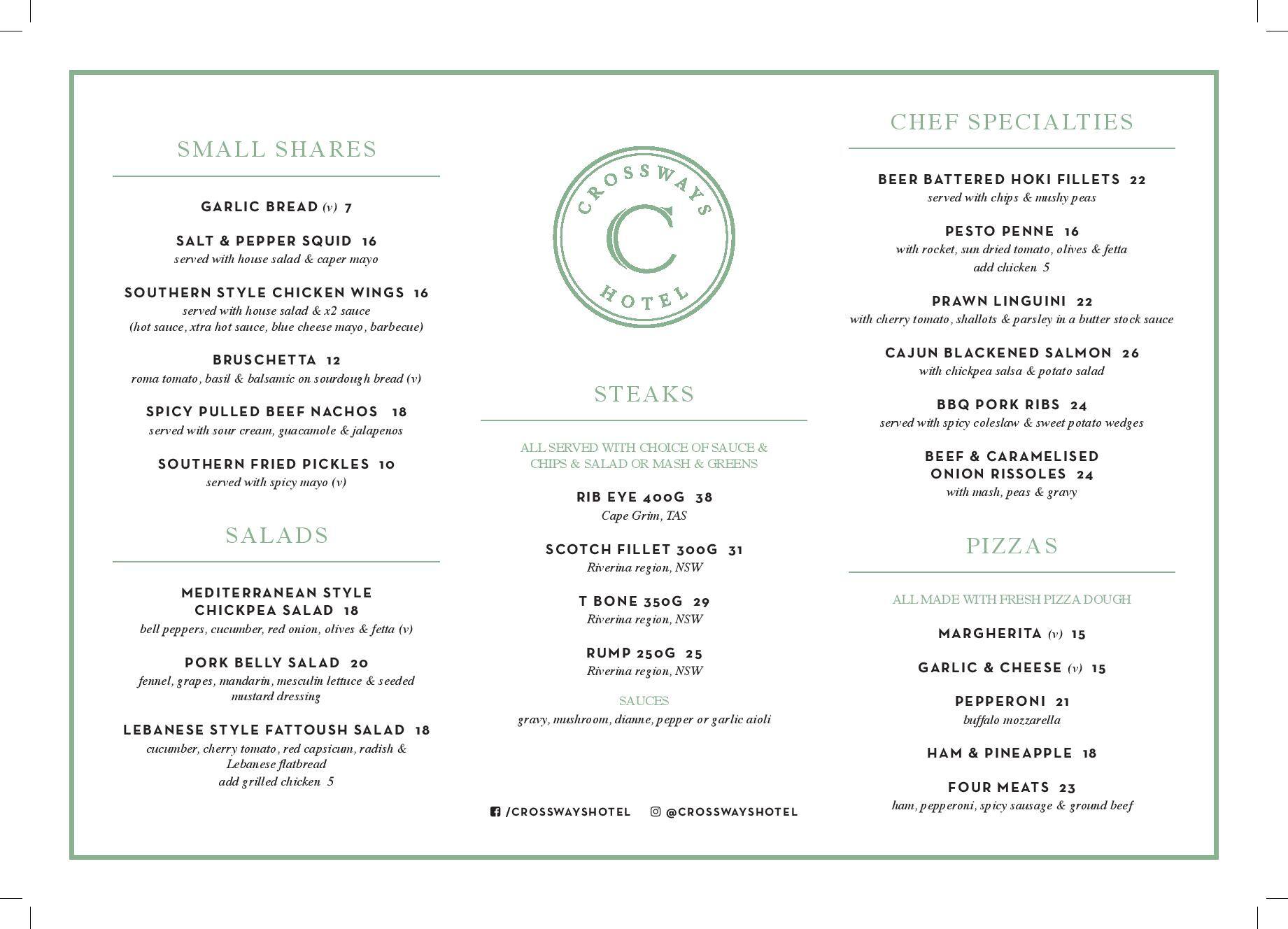 Menu at Crossways Hotel pub & bar, Strathfield South