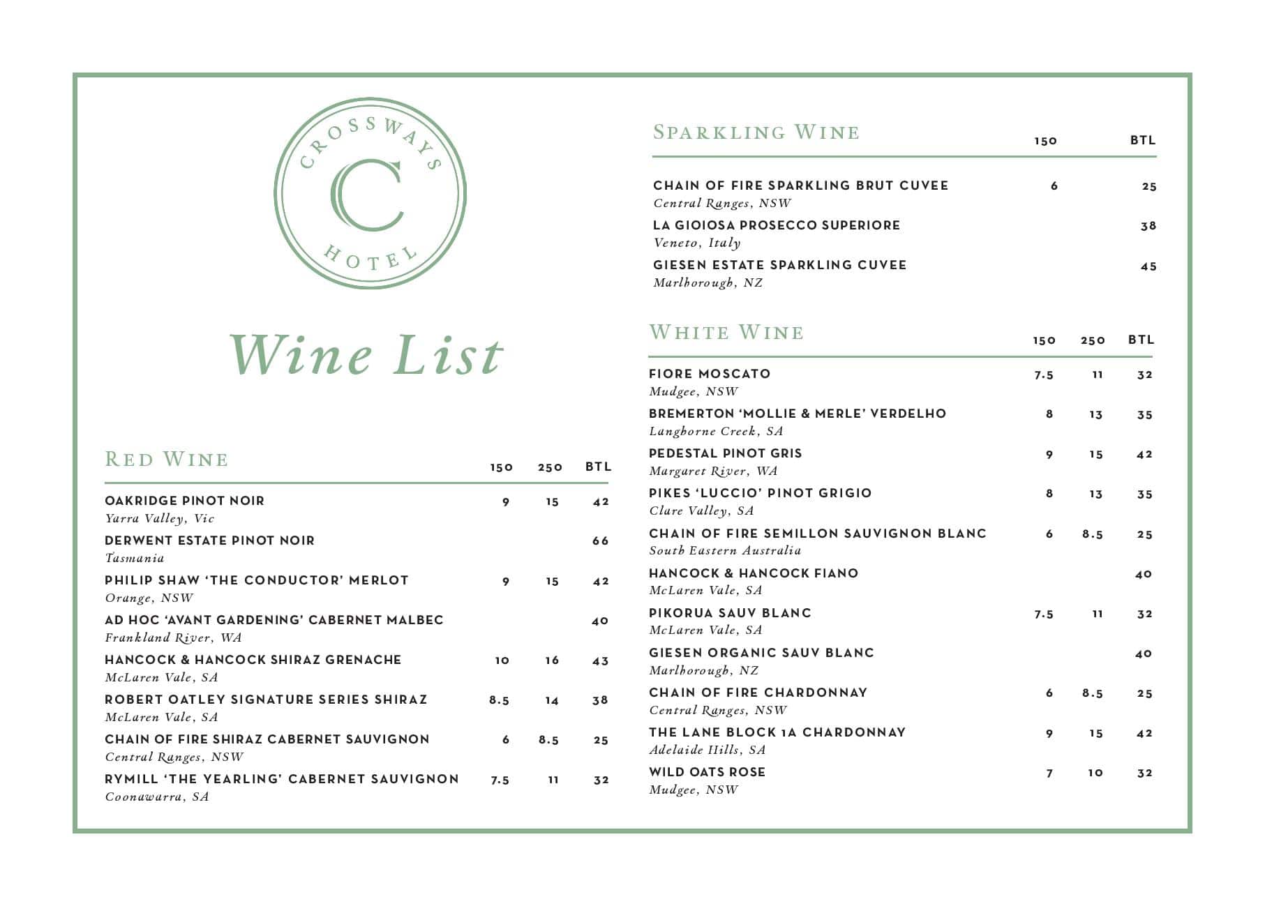 Menu at Crossways Hotel pub & bar, Strathfield South