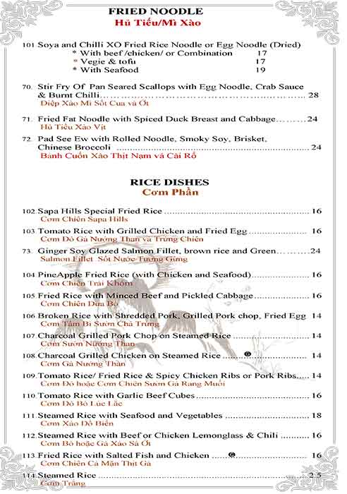 Menu at Sapa Sister restaurant, Footscray