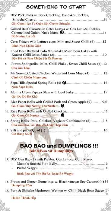 Menu at Sapa Sister restaurant, Footscray