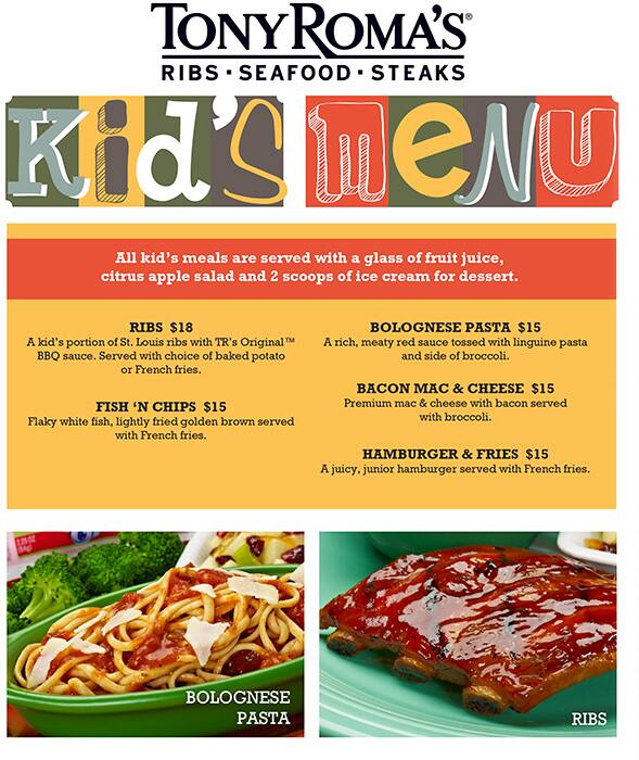 Menu at Tony Roma's steakhouse, Perth