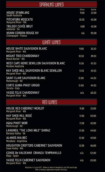 Menu at Tony Roma's steakhouse, Perth