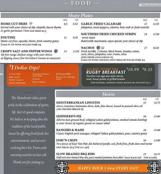 Menu at Manchester Public Eatery, Vancouver