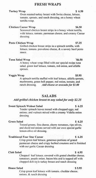 Menu at Four Star Cafe, Fort Worth, 815 Houston St