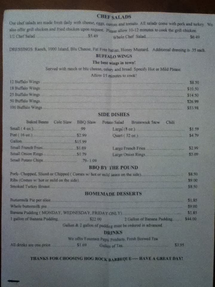 Menu at Hog Rock Bar-B-Q, Phenix City