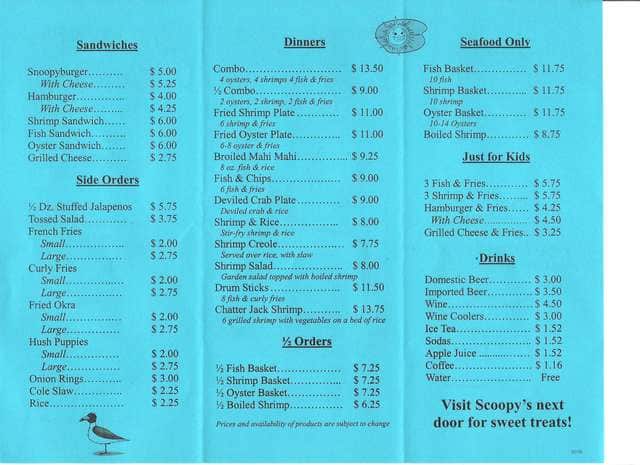 Menu at Snoopy's Pier restaurant, Corpus Christi