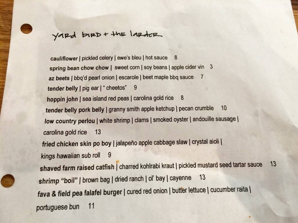 Menu at Yard Bird + the Larder, Phoenix
