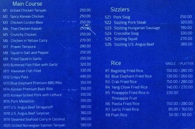 Menu at Blue Elephant restaurant, Cebu City, AppleOne Equicom Tower